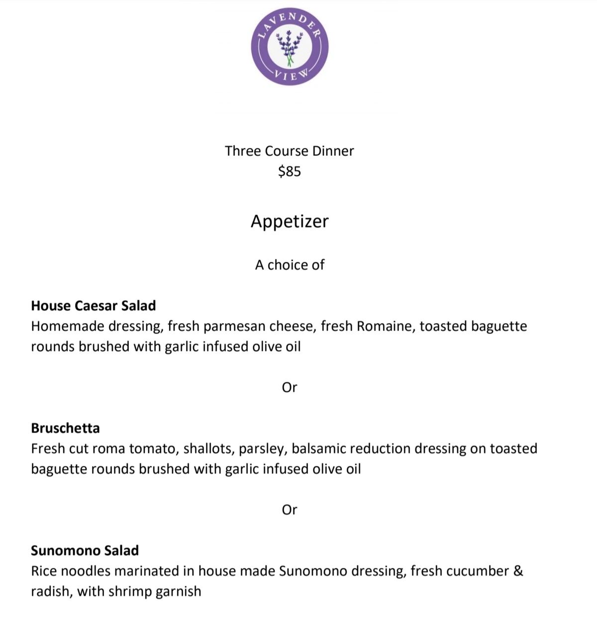 Menus | Lavender View