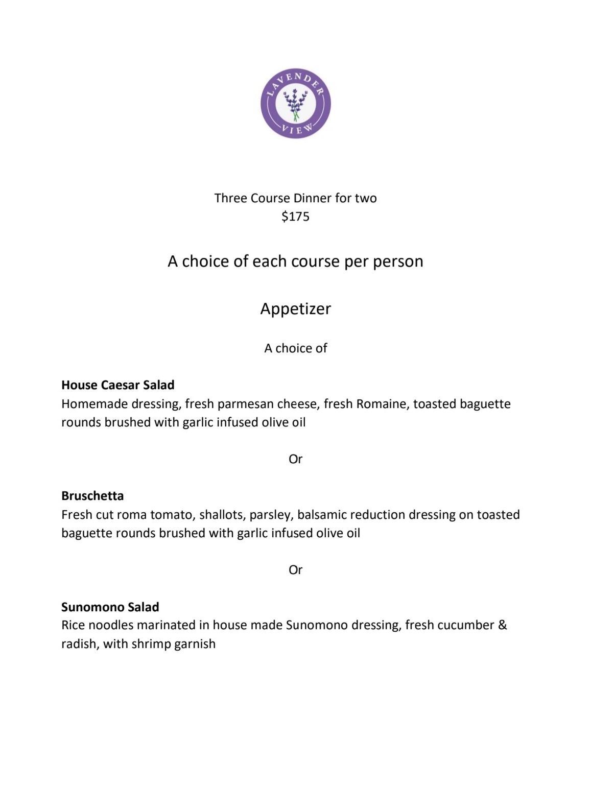 Menus | Lavender View