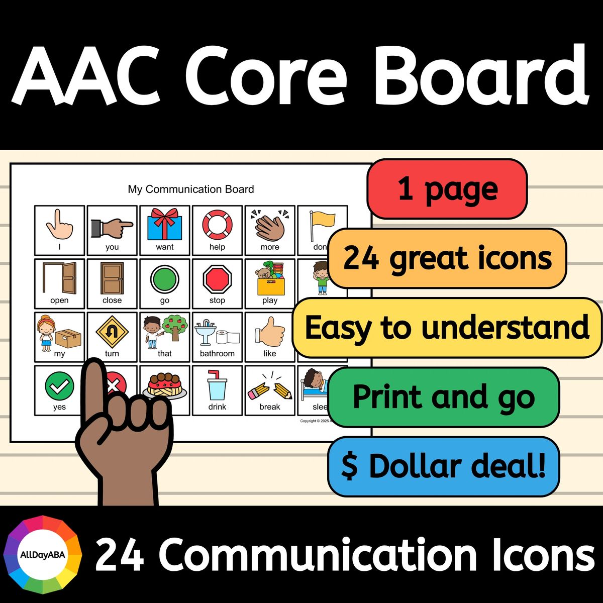 AAC Core Communication Board for Nonverbal Autism Visuals: No Prep, 1-Page