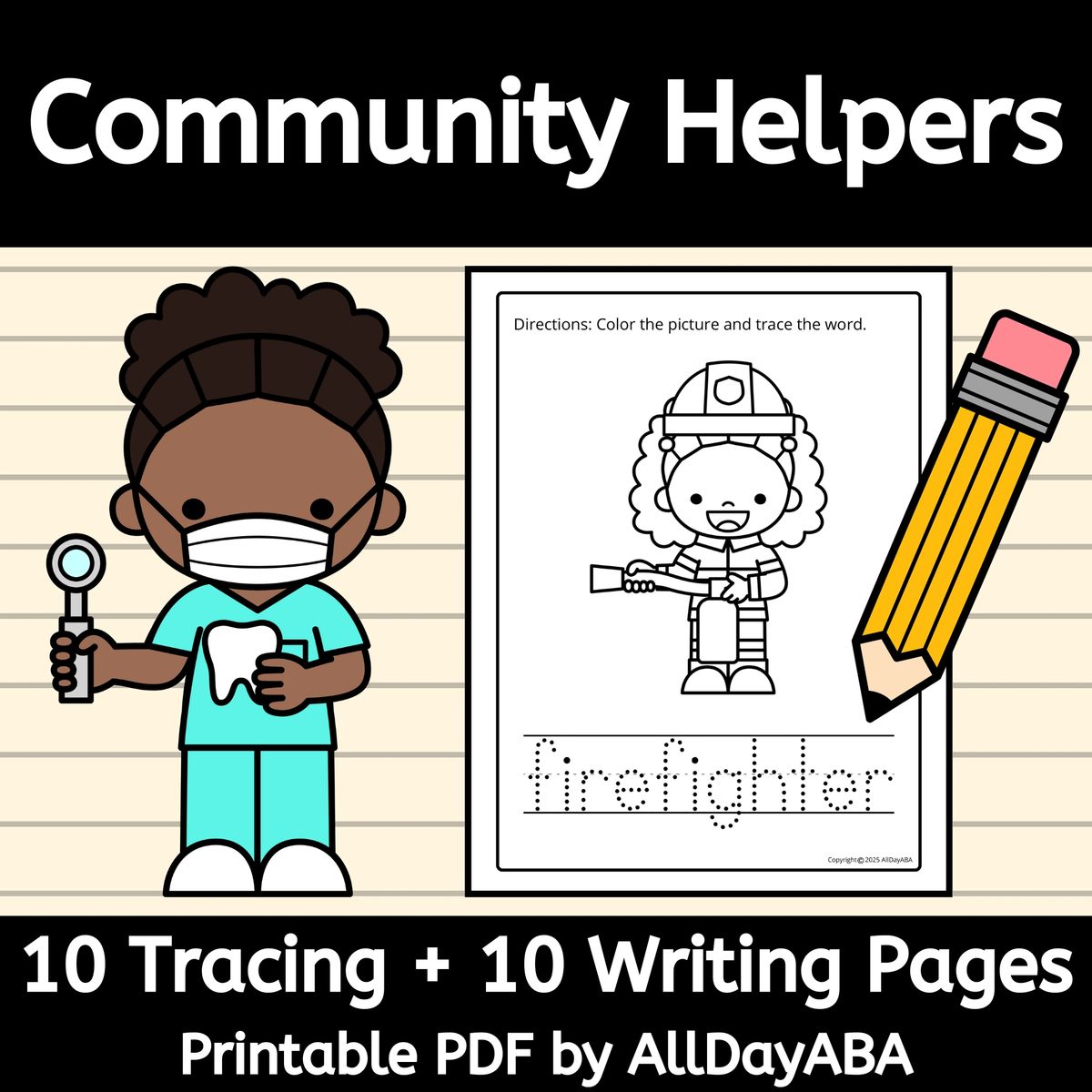 Community Helpers Tracing Sheets Coloring Page for Word Trace Writing ...
