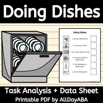 Washing Dishes Task Analysis Visual Schedule and Data Sheet for ABA Therapy