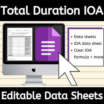 Editable Total Duration Interobserver Agreement IOA ABA Data Sheet ...