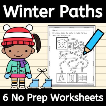 Winter Paths Worksheets for Tracing and Coloring in Kindergarten