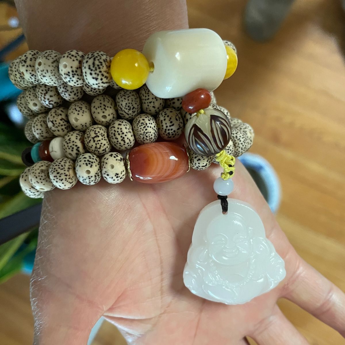 108 Moon Stars Mala Beads With White Jade Happy Buddha——SOLD