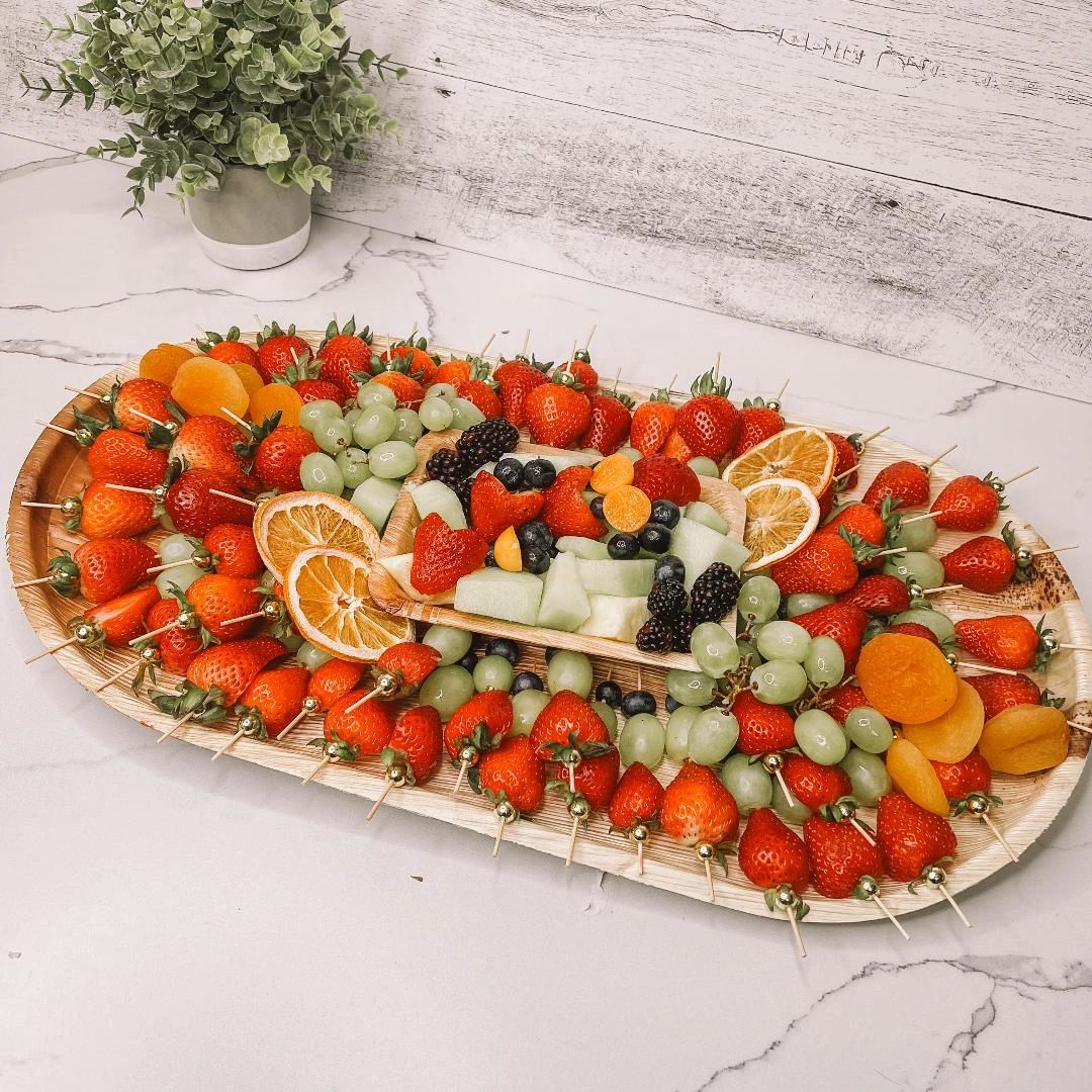 Fruit Kabob Board on a 22"x12" palm leaf board