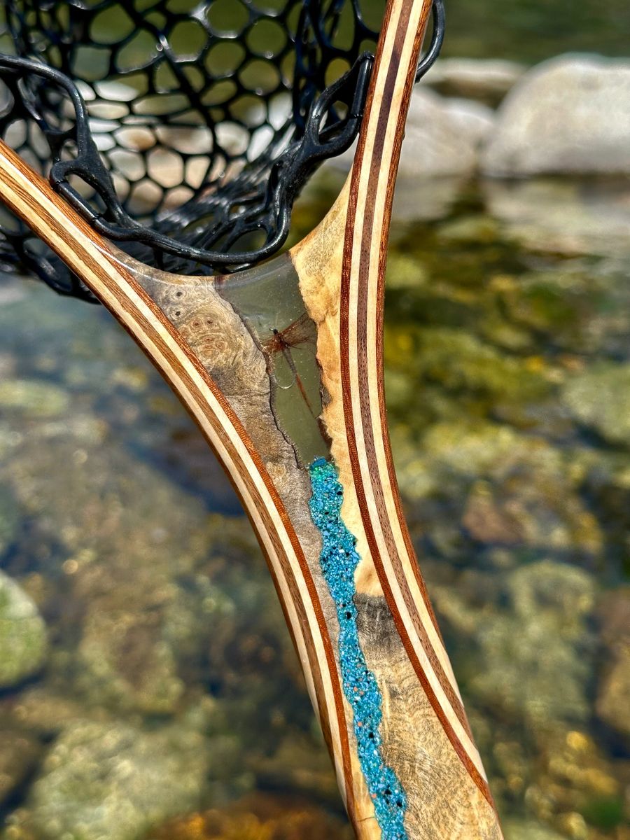 Custom Wood Fly Fishing Net Lake #269 Buckeye Burl with Turquoise inlay ...