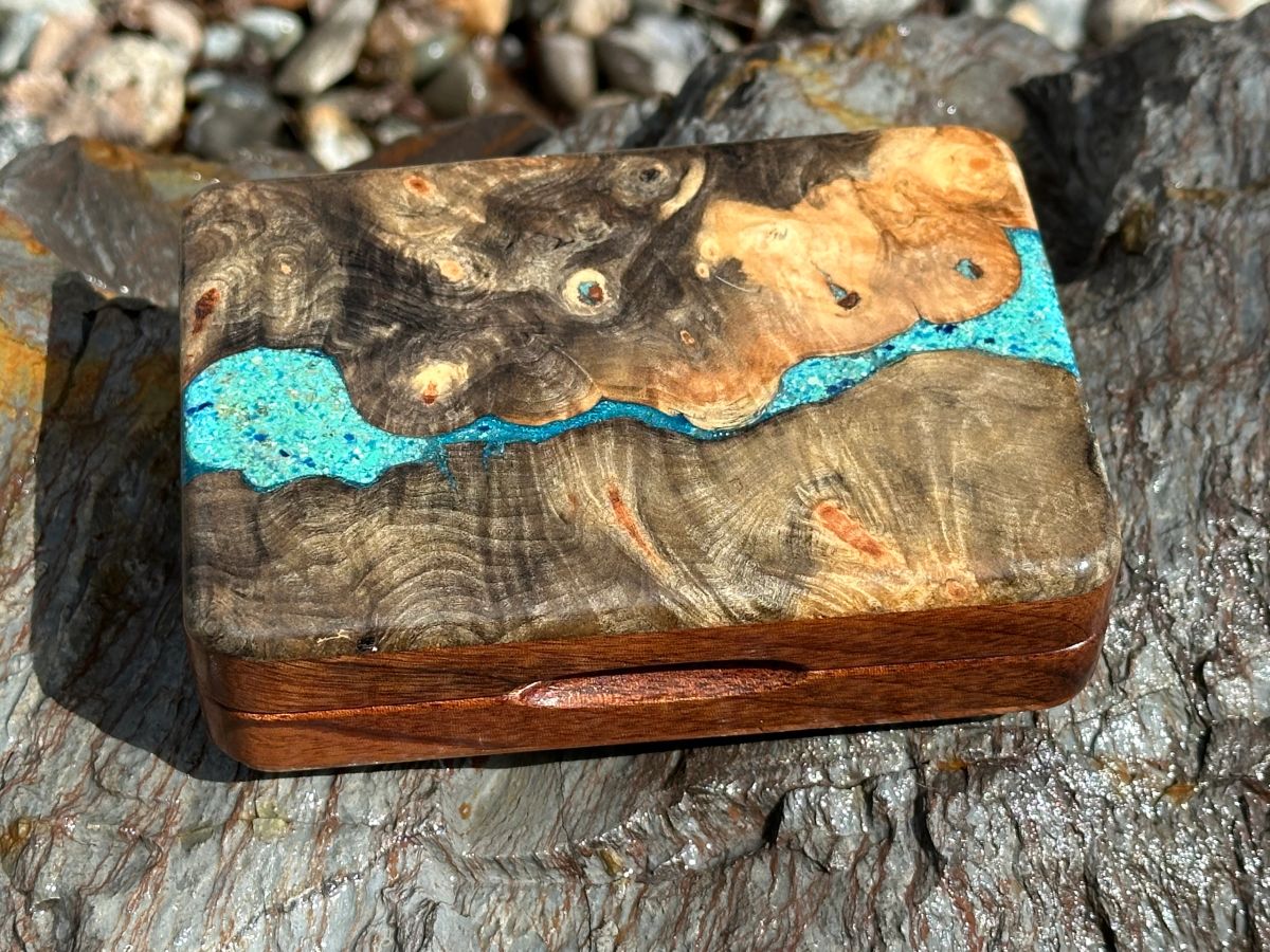 Custom Wood Fly Fishing Fly Box #2214 Buckeye Burl with Turquoise inlay