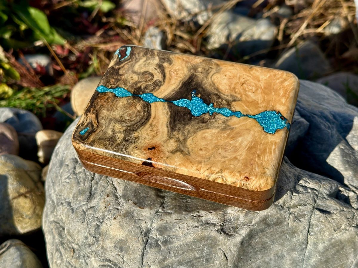 Custom Wood Fly Fishing Fly Box #2312 Buckeye Burl with Turquoise inlay