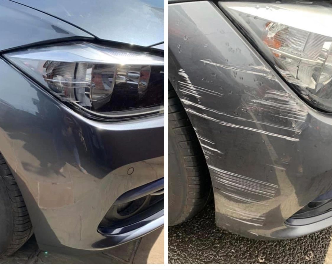 Ouch Poor BMW!. Our technicians repaired this bumper scratch!