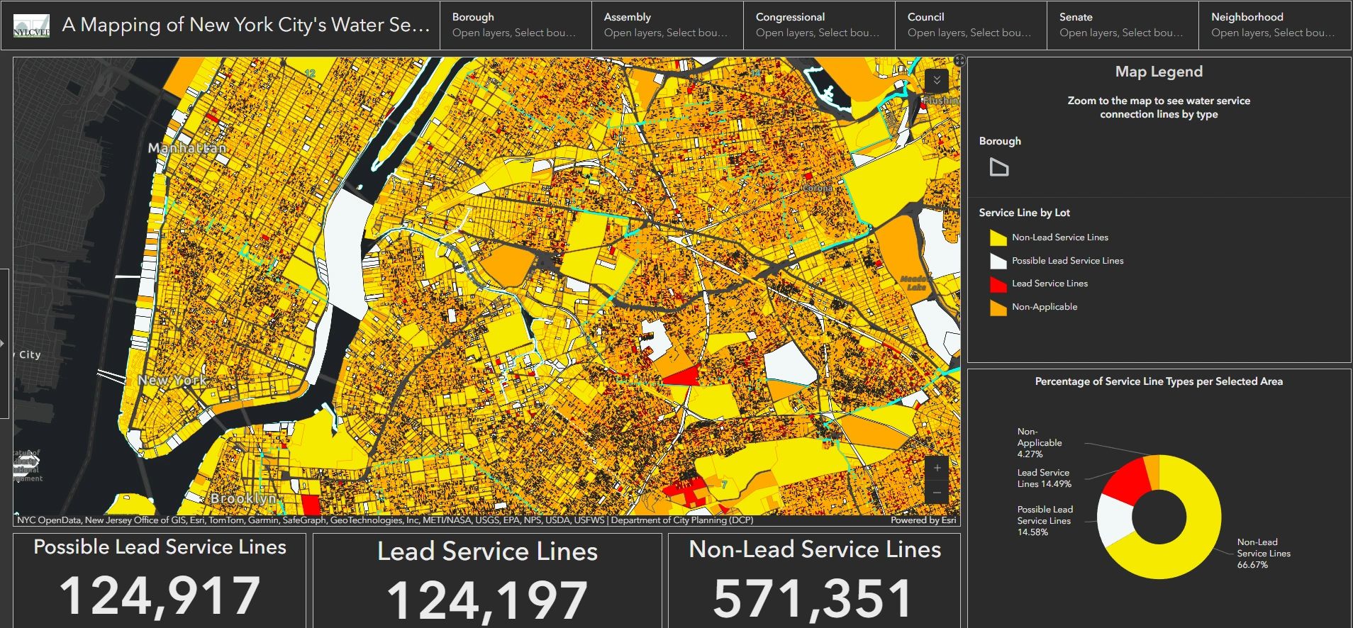 A map showing lead water pipes in NYC