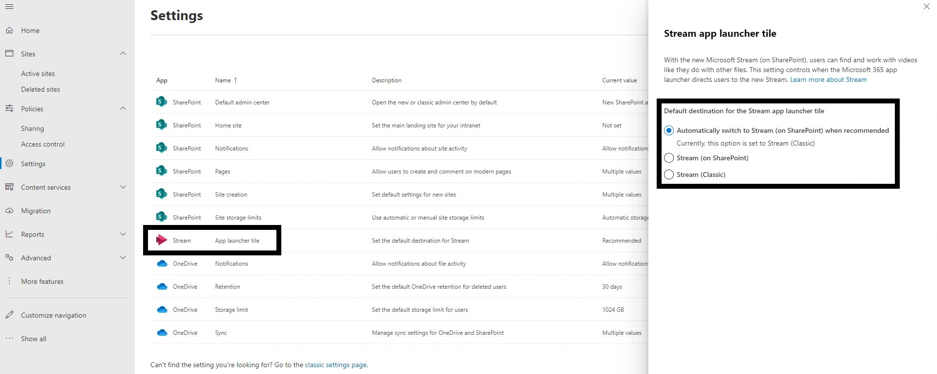 SharePoint Admin Center - The Stream app launcher tile