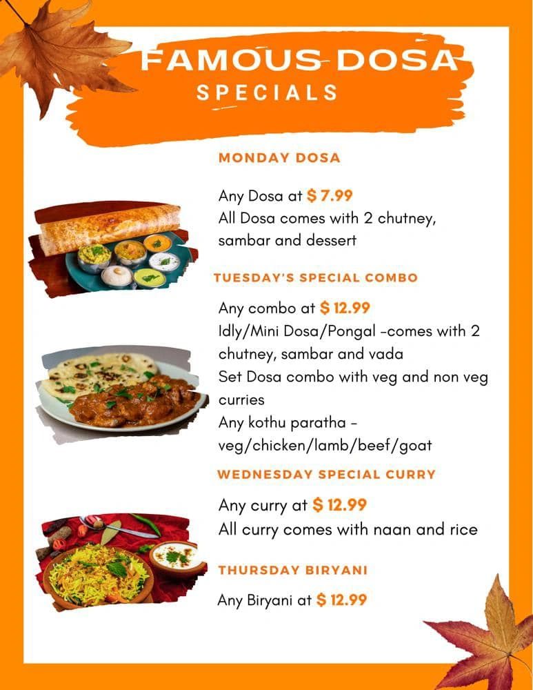 Famous Dosa Daily Special Menu