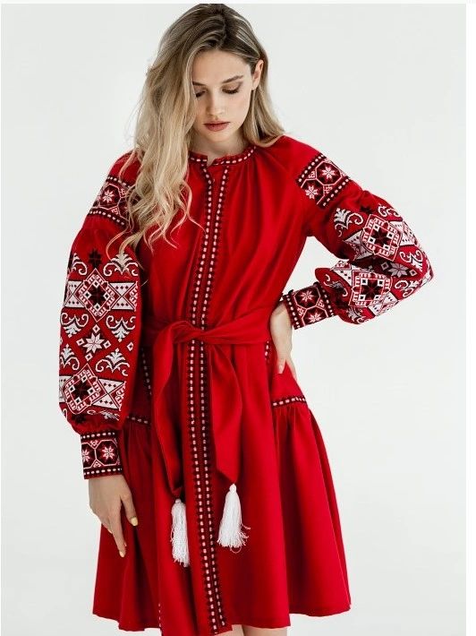 beautiful short red dress with bold embroidery from L'viv