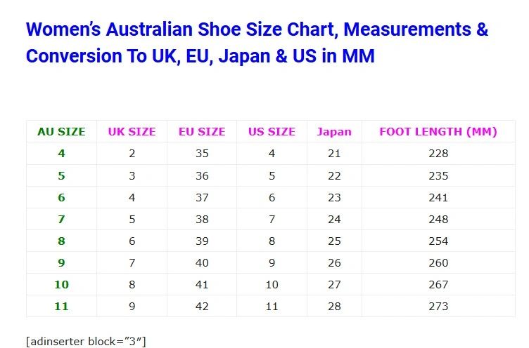 womens shoe size comparison chart