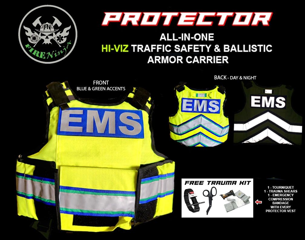 "PROTECTOR" HI VIZ GREEN / BLUE "EMS" - TRAFFIC SAFETY & BALLISTIC VEST