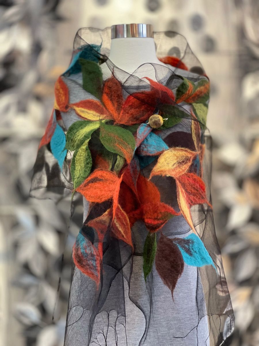 "Maple" Silk & Wool Nuno Felted Shawl with Felted Pin