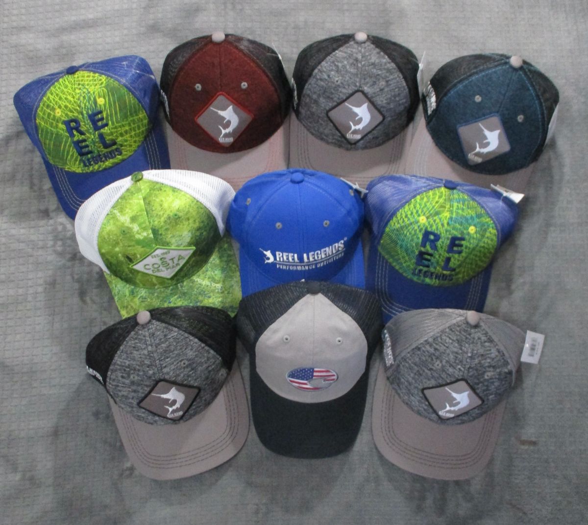 (10) Costa Del Mar / Reel Legends Netted Snapback Fishing Hats (8 diff ...