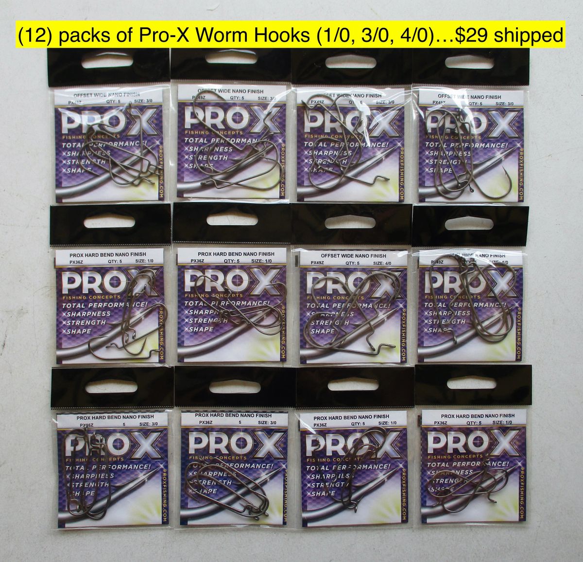 (12) 5-packs of Pro X Worm Hooks (Sizes 1/0, 3/0, and 4/0)