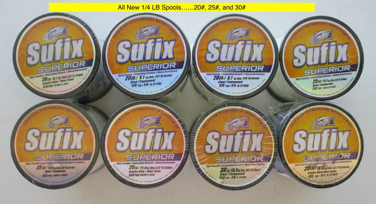 (8) Rolls of Suffix Superior 1/4 LB Spools (Colors: Smoke Blue & Clear ...