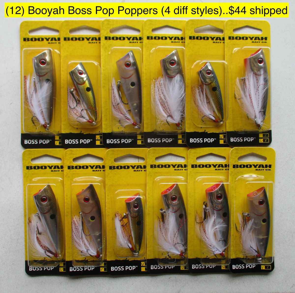 (12) Booyah Boss Pop Topwater Feathered Hooks Poppers (4 diff shad ...