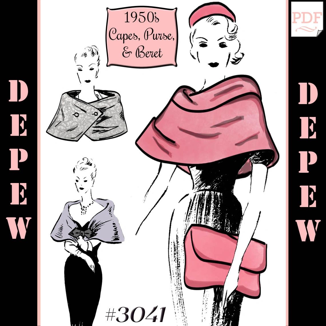 Vintage Sewing Pattern Print-at-Home 1950s Capes, Purse and Beret #3041 ...
