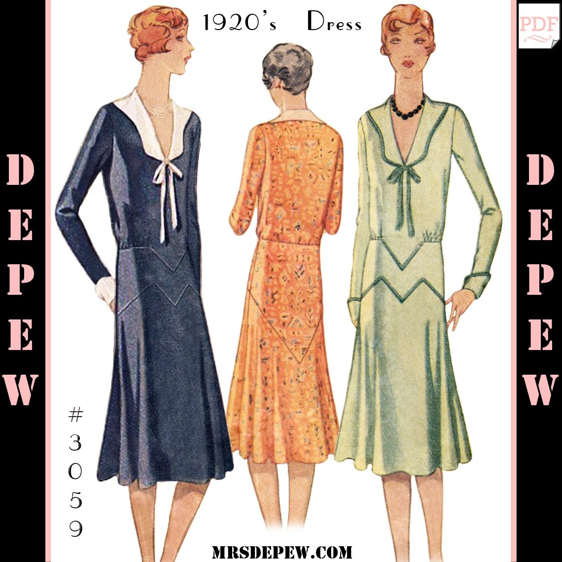 1929 Vintage Sewing Pattern Ladies' 1920s Long Sleeve Dress #3059 ...
