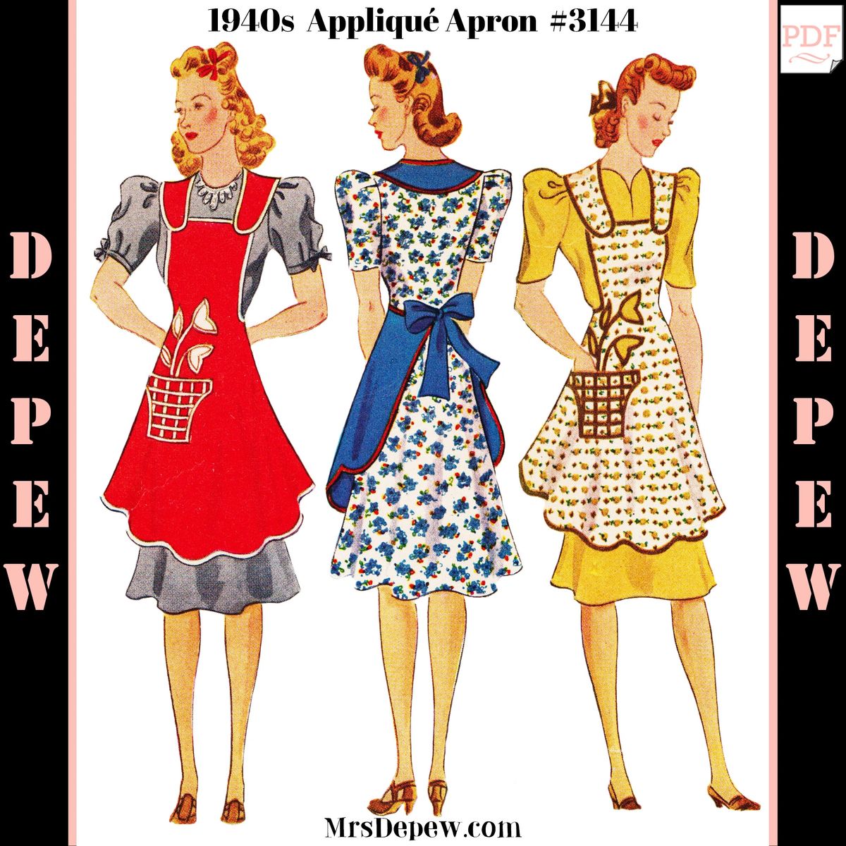 Vintage Sewing Pattern 1940s Ladies' Aprons With Flower Pot Applique ...