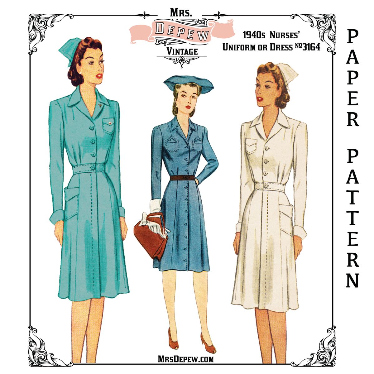 Vintage Sewing Pattern 1940s Nurses' Uniform or Shirtwaist Dress #3164 ...