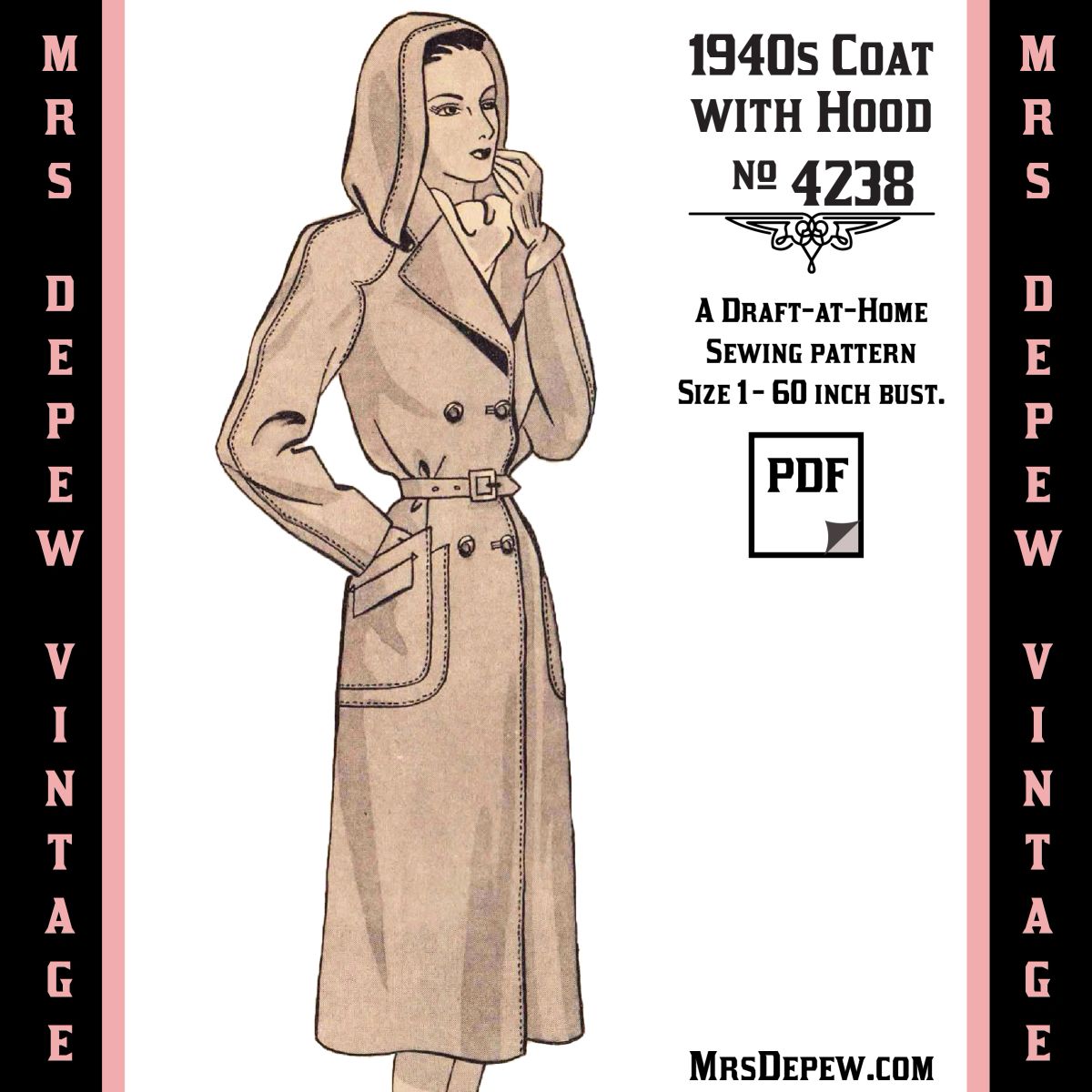 D-A-H Vintage Sewing Pattern 1940s Coat with Hood in Any Size - PLUS ...