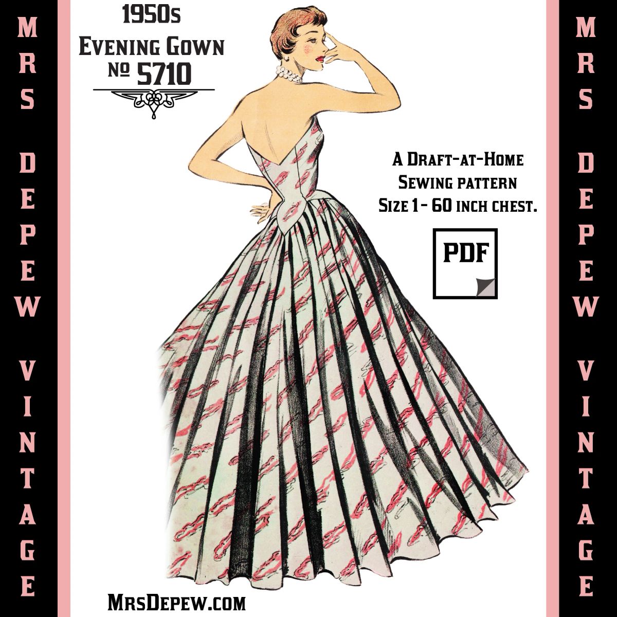 D-A-H Vintage Sewing Pattern 1950s Strapless Evening Gown in Any Size ...
