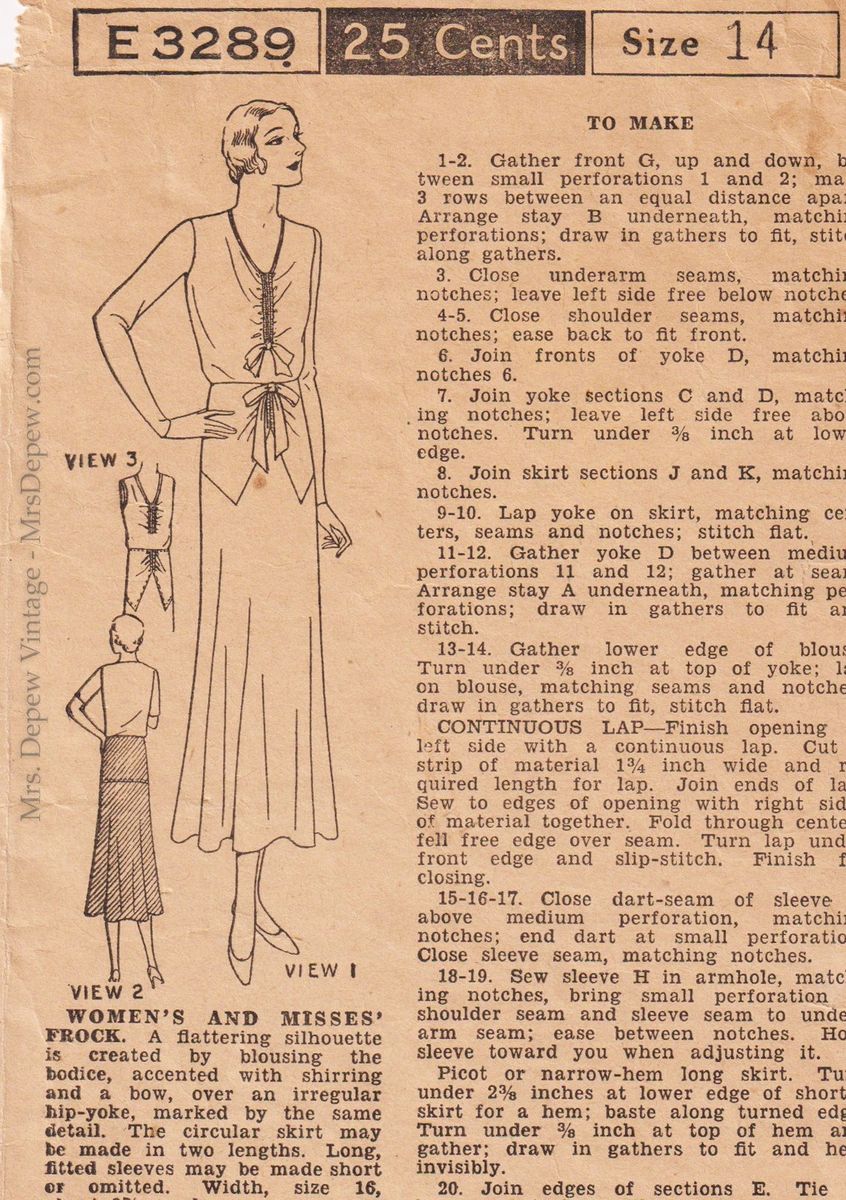 1930-31 Vintage Sewing Pattern Ladies' Dress 32" Bust 1930s Excella 3289