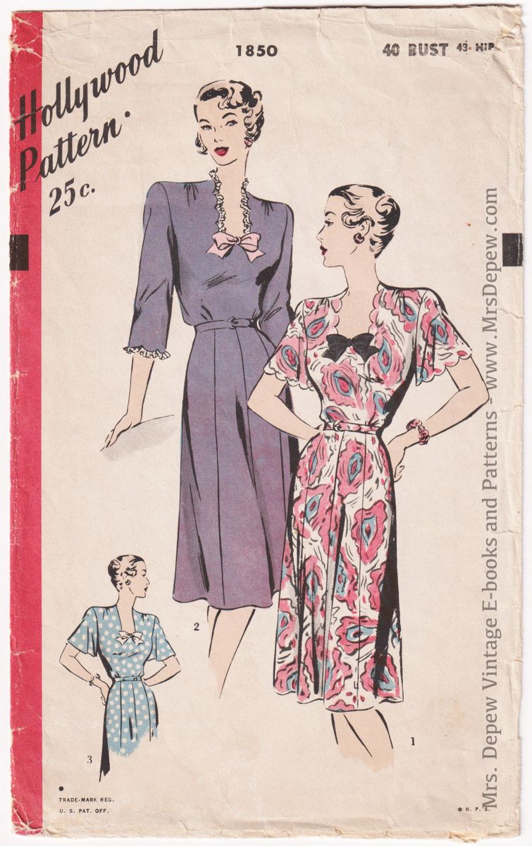 1940s Vintage Sewing Pattern Ladies' Dress with Scallop Trim Hollywood ...
