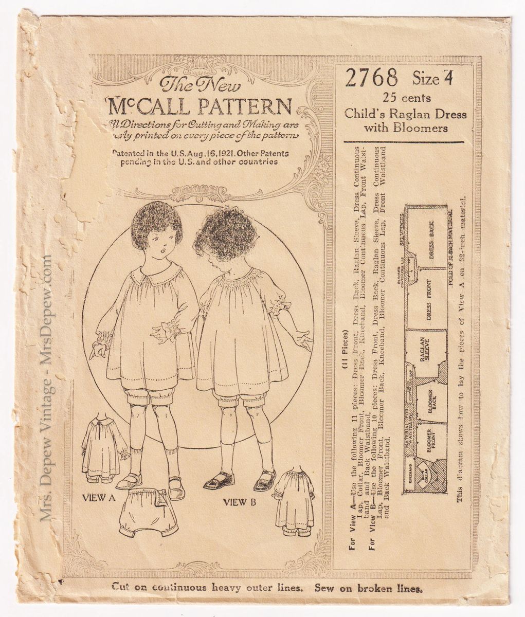 1922 Vintage Sewing Pattern Girl's Raglan Sleeve Dress with Bloomers ...