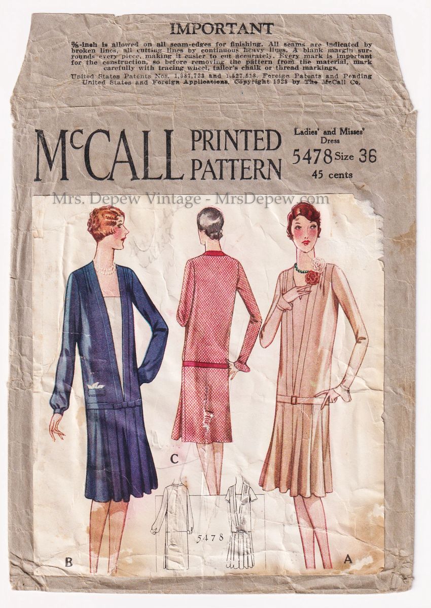 1928 Original Vintage Sewing Pattern 1920s Ladies' Flapper Dress McCall ...