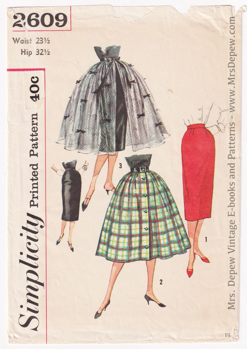 1958 Vintage Sewing Pattern Ladies' Six Gore Skirts 1950s Simplicity ...