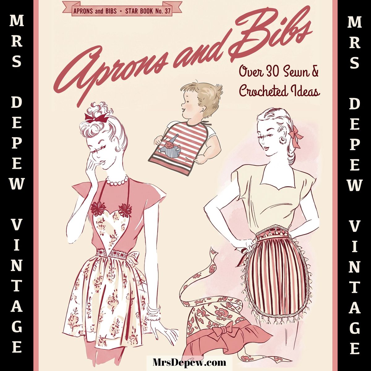 1940s Aprons & Bibs Colorized Vintage Sewing Pattern Diagram and ...