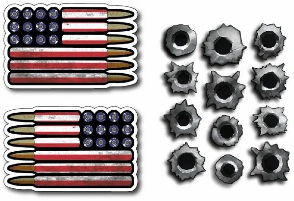 USA Flag Regular and Reverse Bullet Hole Combo Pack 14 total decals
