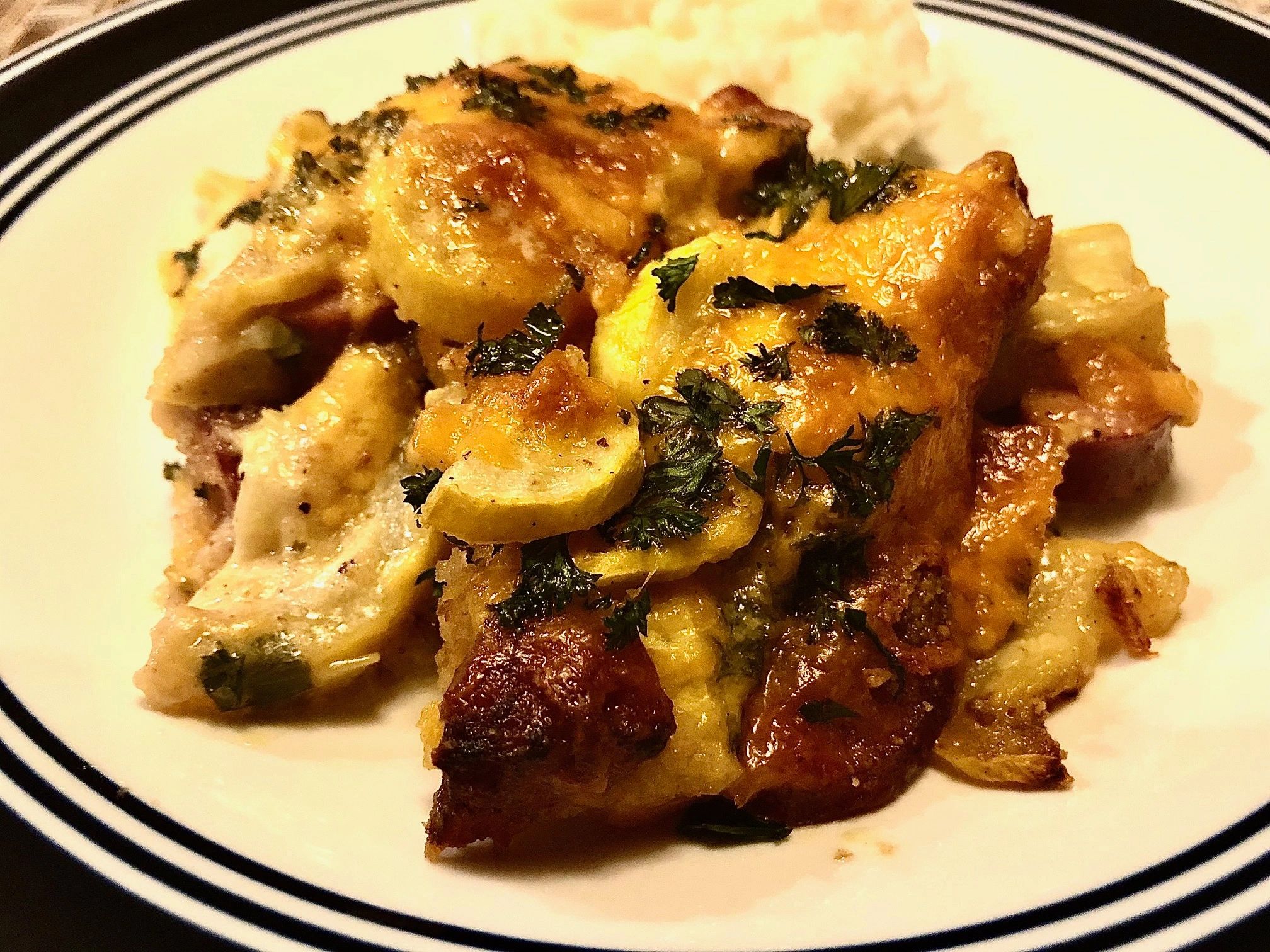 Deutsche Küche – Yellow Squash & Smoked Sausage Gratin