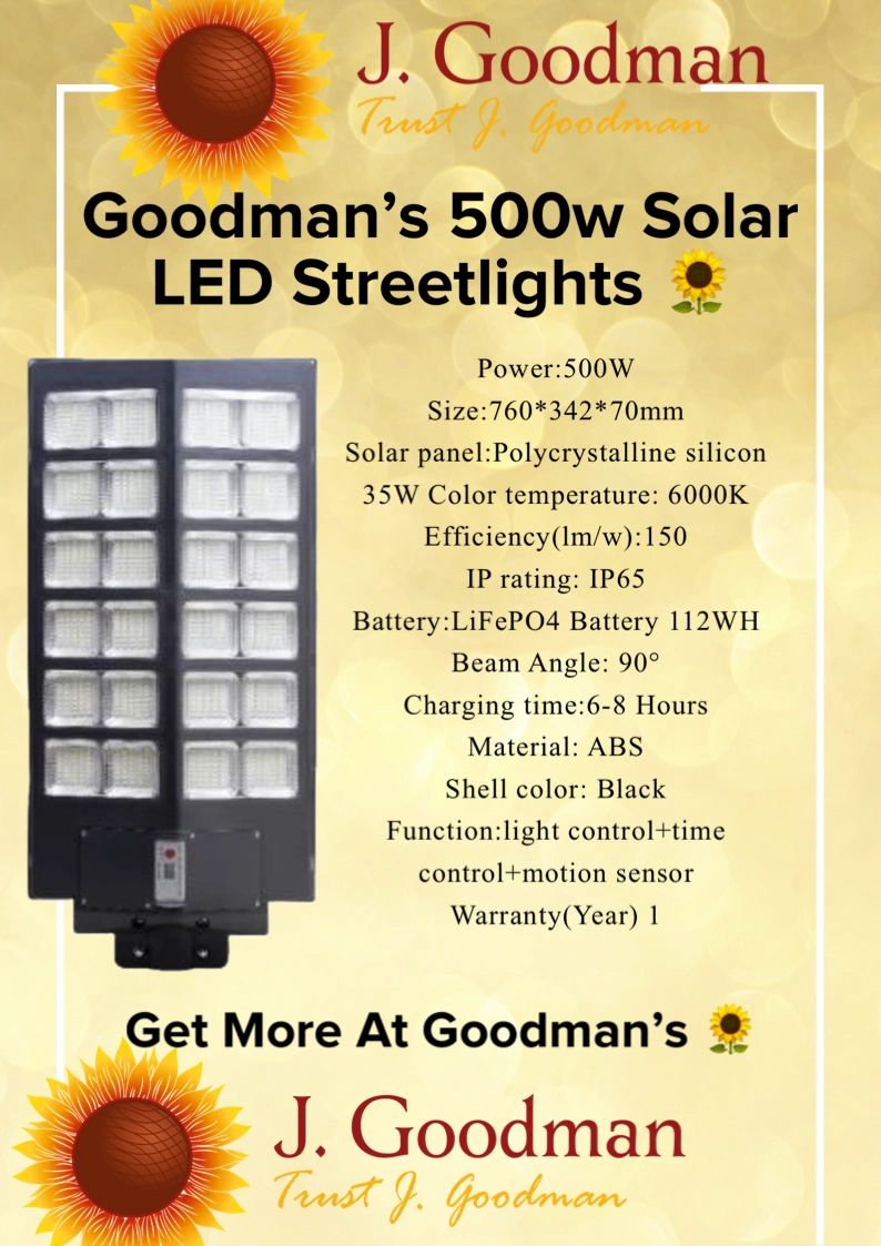 IN STOCK 2 for $189 J. Goodman’s 500w Solar LED Streetlight