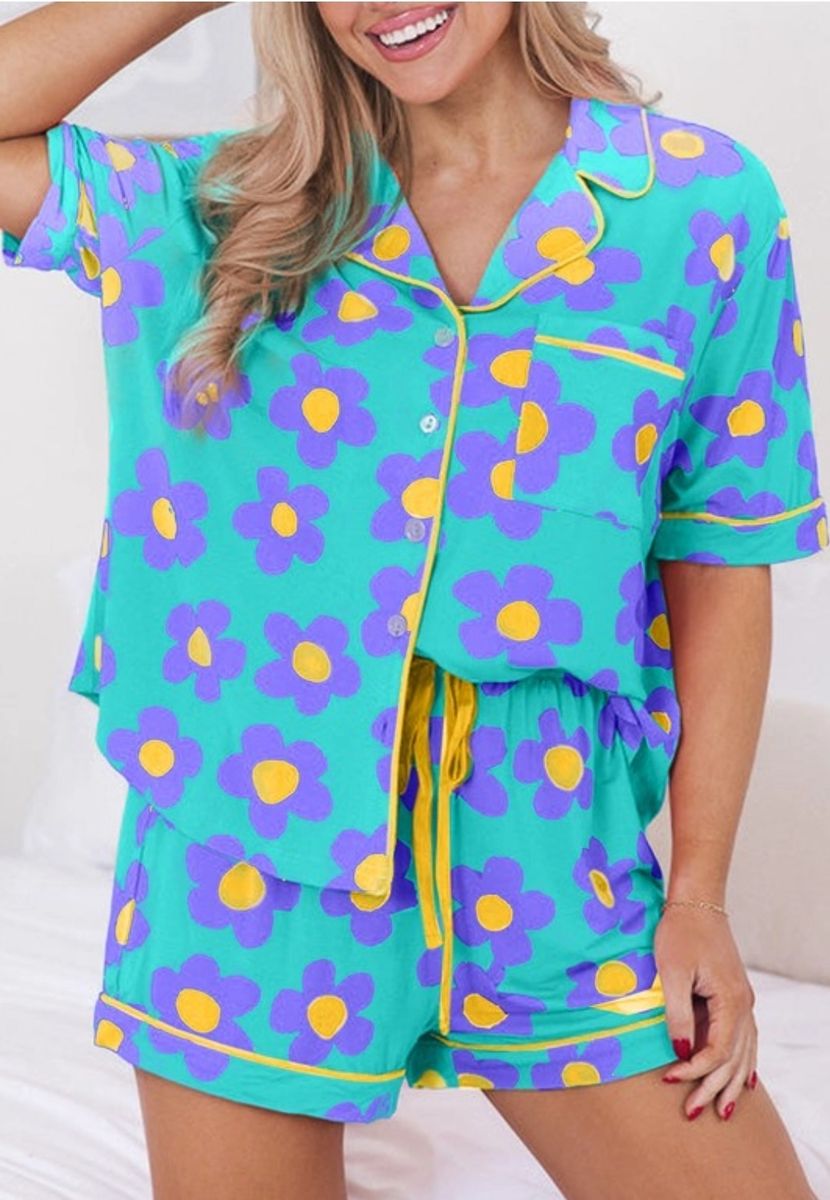 Teal, Purple, Yellow Flower Print Short Sleeve Shirt Pajamas Set