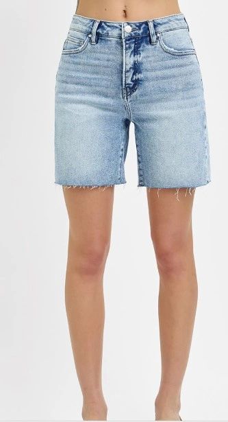 High Rise Mid Length Raw Cut Hem Shorts 6286