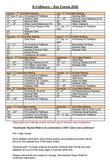 2020 Key Events Calendar