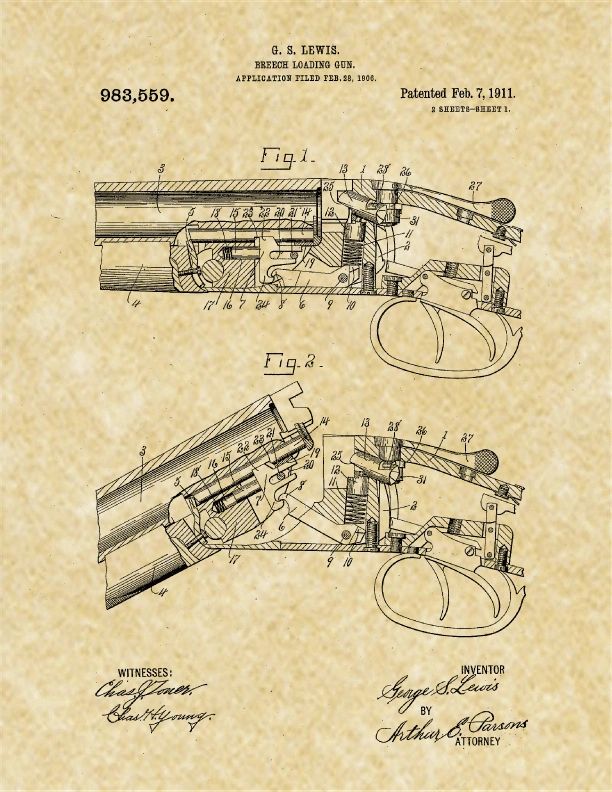 Breech Loading Gun Patent #983559 02-07