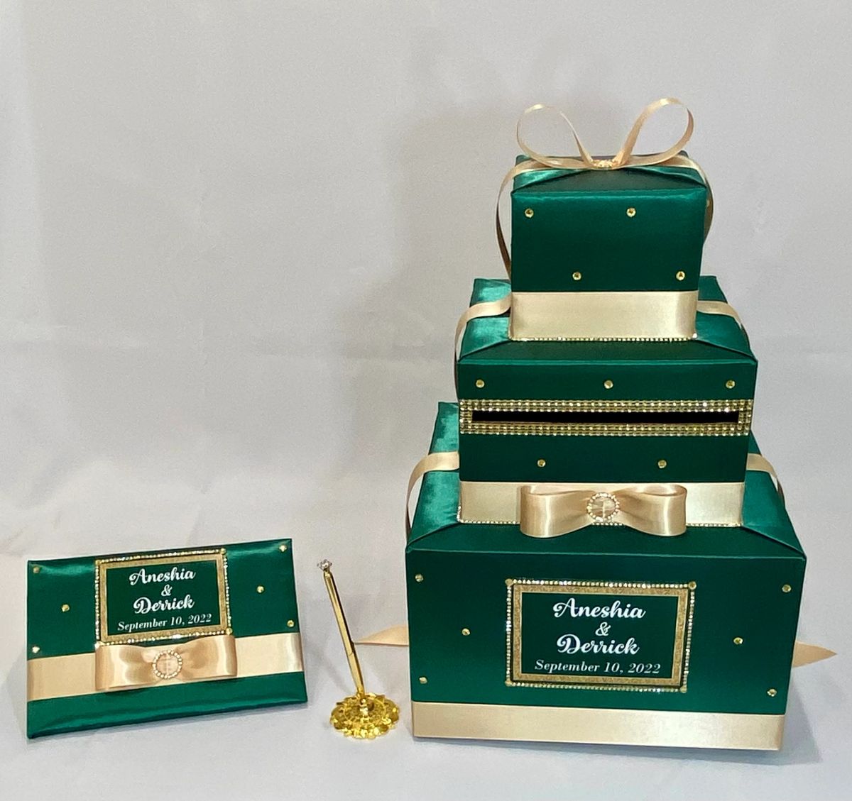 EMERALD GREEN and CHAMPAGNE Gift Card Box with matching GUEST BOOK and ...