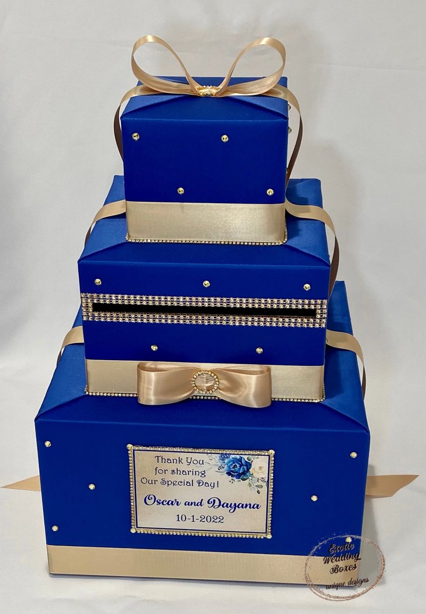 ROYAL BLUE and CHAMPAGNE GOLD Gift Card Box for Weddings, Sweet ...