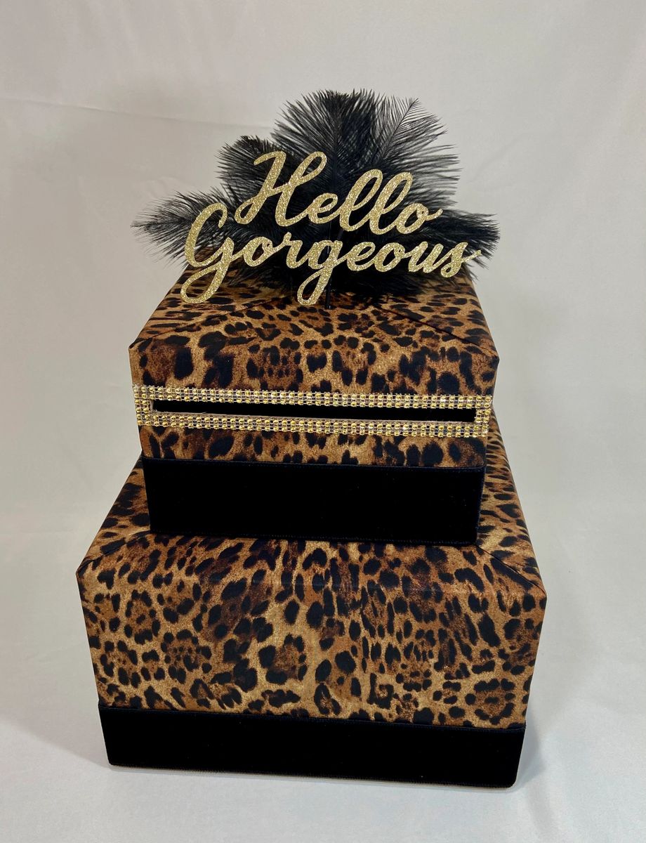 LEOPARD/CHEETAH Print themed Gift Card Box with Black Feathers