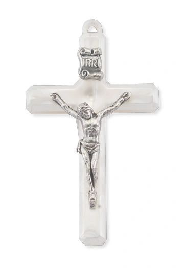 1.5", White Pearl Finish Crucifix with metal silver oxidized corpus ...