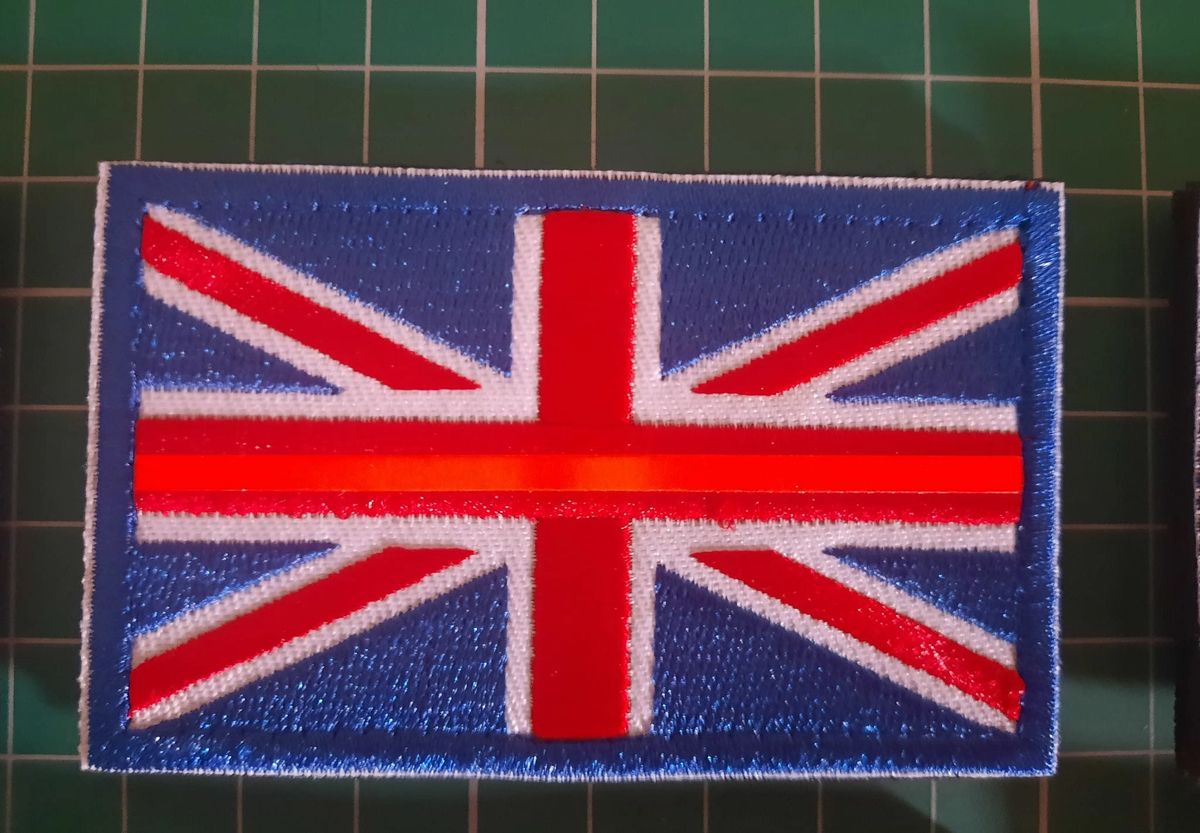 Embroidered Union Jack flag patch with reflective thin orange line