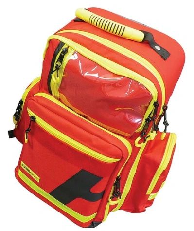 Medical backpack, red, with 5 pouches, supplied unkitted.