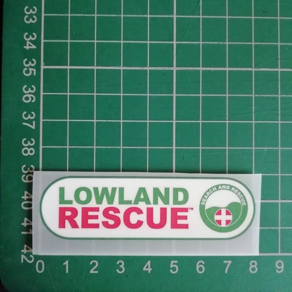 Lowland Rescue lozenge iron on logo 80mm x 23mm